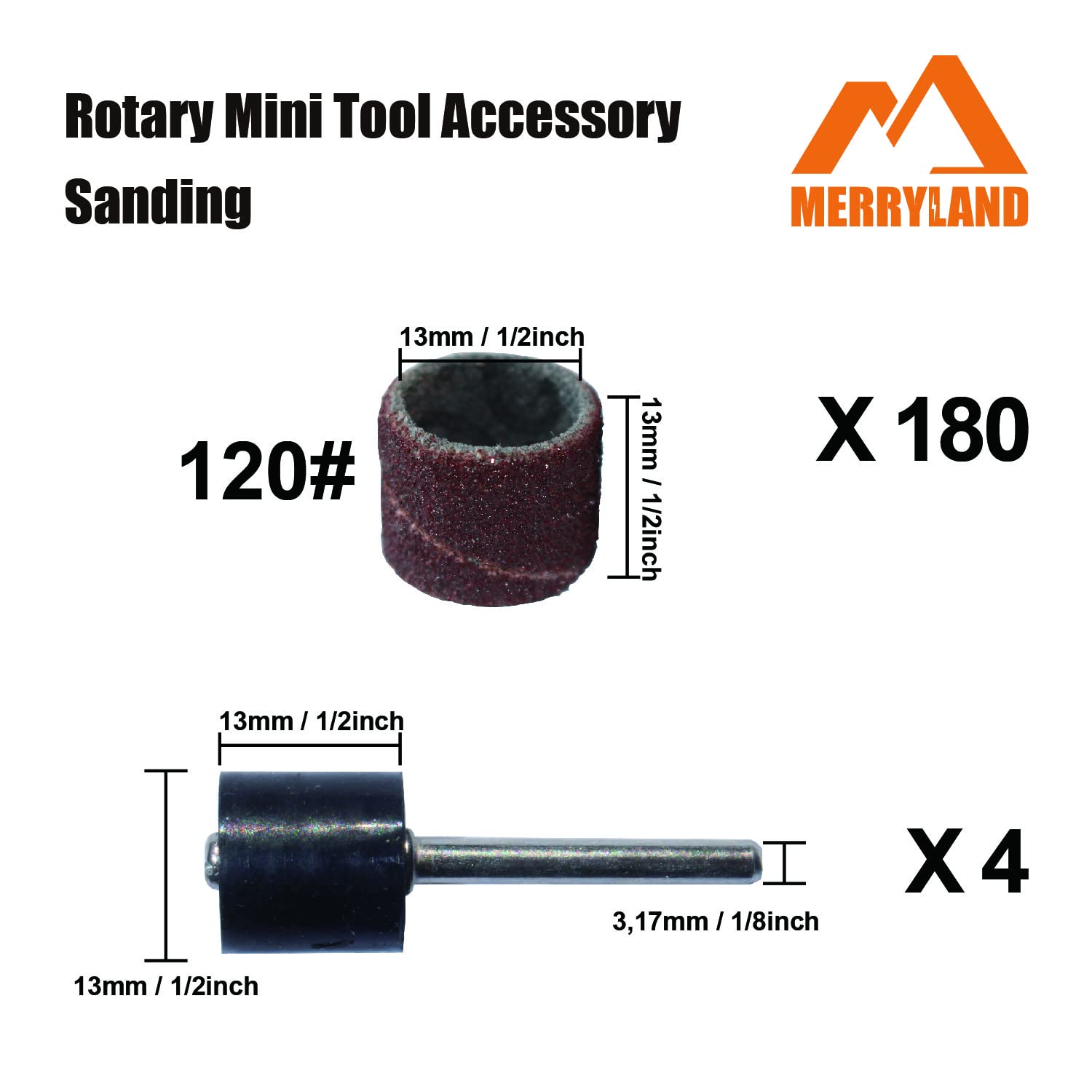 Merryland Drum Sander Sanding Band for Dremel 184pcs, 120# 1/2" Sanding Sleeve 180pcs and Mandrel 4pcs Rotary Tool, Electric Power Tool Accessory DIY, RMTA184C3