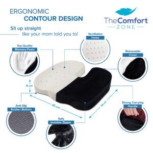 TheComfortZone Seat Cushion for Office Chair Memory Foam Coccyx Cushion Butt Pillow for Sciatica Tailbone & Back Pain Relief Long Sitting Office Desk Gaming Chair Car Seat Cushion Driving-Black