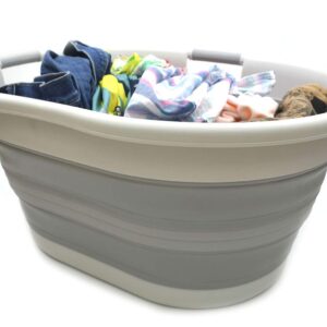 SAMMART 57L (15 Gallons) Collapsible 3-Handled Plastic Laundry Basket - Oval Tub - Portable Washing Tub-Space Saving Laundry Hamper, Water Capacity 44L / 11.6 Gallon (1, Grey)