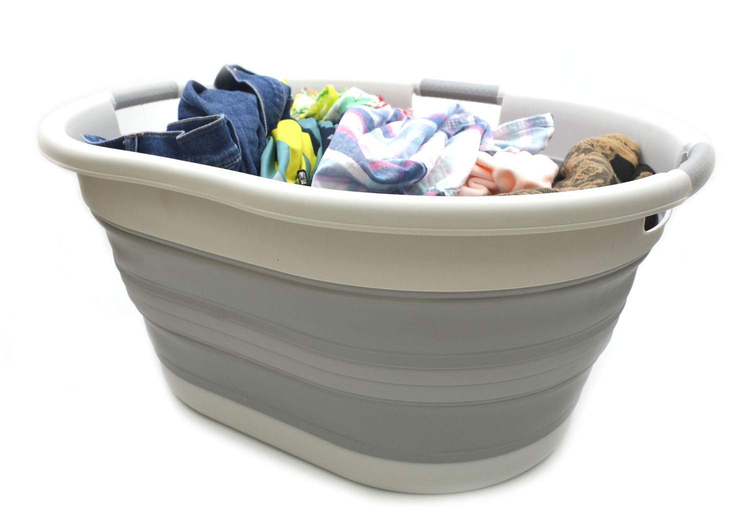 SAMMART 57L (15 Gallons) Collapsible 3-Handled Plastic Laundry Basket - Oval Tub - Portable Washing Tub-Space Saving Laundry Hamper, Water Capacity 44L / 11.6 Gallon (1, Grey)