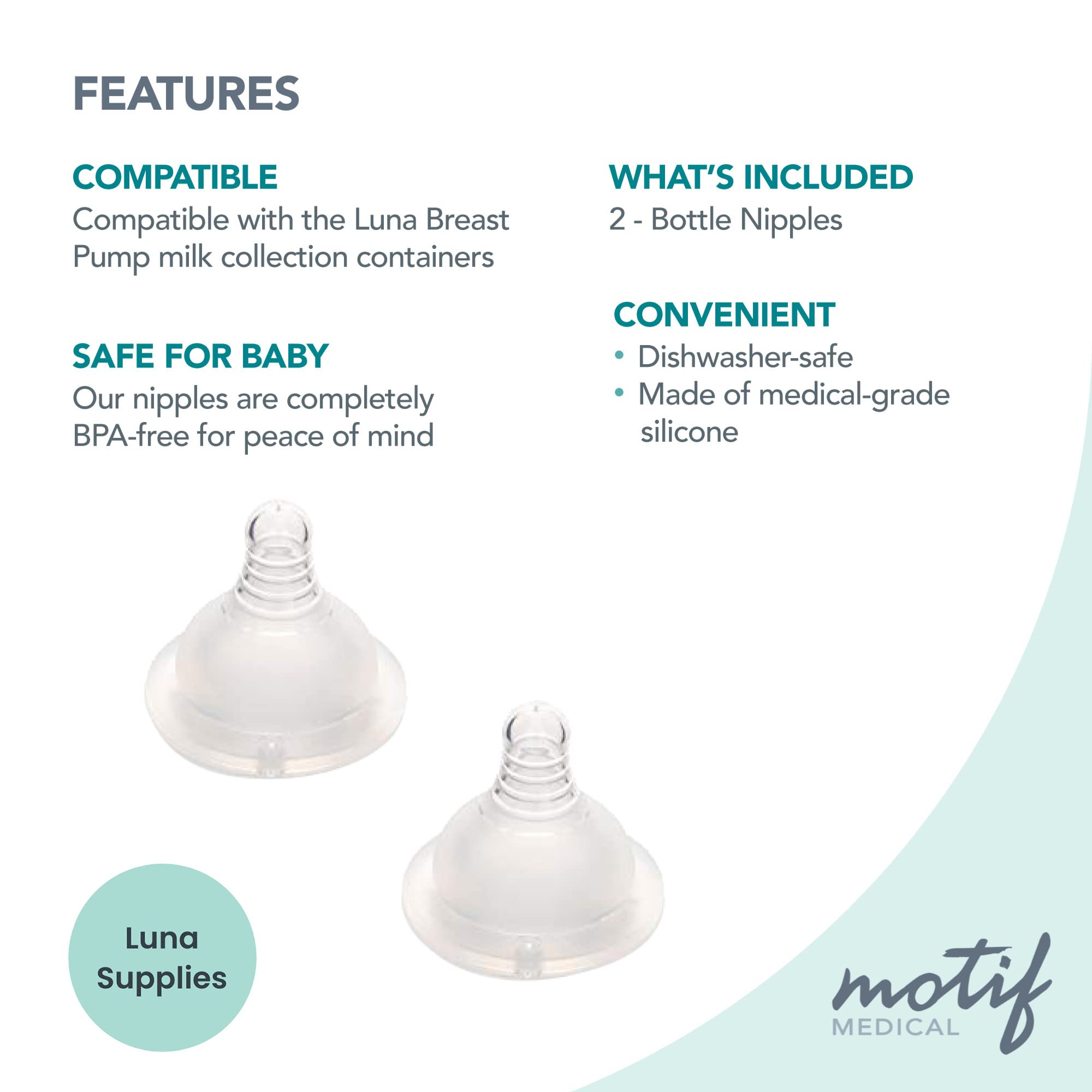 Motif Medical Slow-Flow Baby Bottle Nipples for Luna