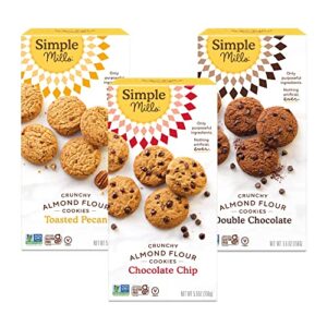 simple mills almond flour crunchy cookies variety pack (chocolate chip, double chocolate chip, toasted pecan) - gluten free, vegan, healthy snacks, made with organic coconut oil, 5.5 ounce (pack of 3)