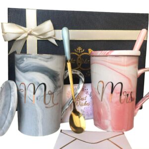 Mr and Mrs Mugs Set - Wedding Gifts for Couple, Engagement Bridal Shower Gift | Unique Anniversary Married Couple Gift - Great Valentine, Christmas Gift - Ceramic Marble Coffee Cups 14oz