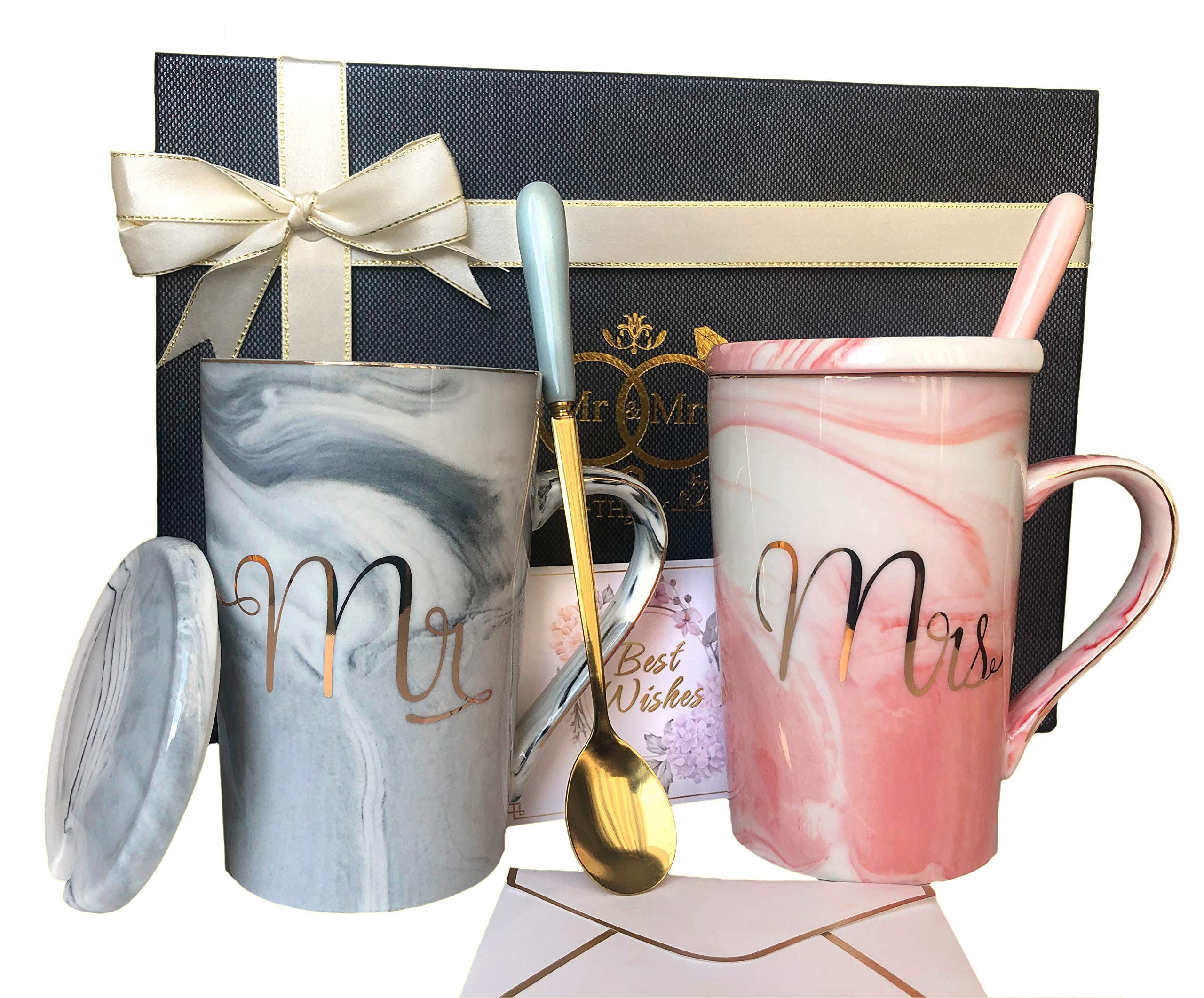 Mr and Mrs Mugs Set - Wedding Gifts for Couple, Engagement Bridal Shower Gift | Unique Anniversary Married Couple Gift - Great Valentine, Christmas Gift - Ceramic Marble Coffee Cups 14oz