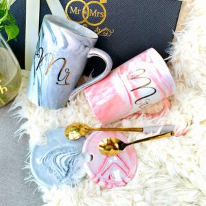 Mr and Mrs Mugs Set - Wedding Gifts for Couple, Engagement Bridal Shower Gift | Unique Anniversary Married Couple Gift - Great Valentine, Christmas Gift - Ceramic Marble Coffee Cups 14oz