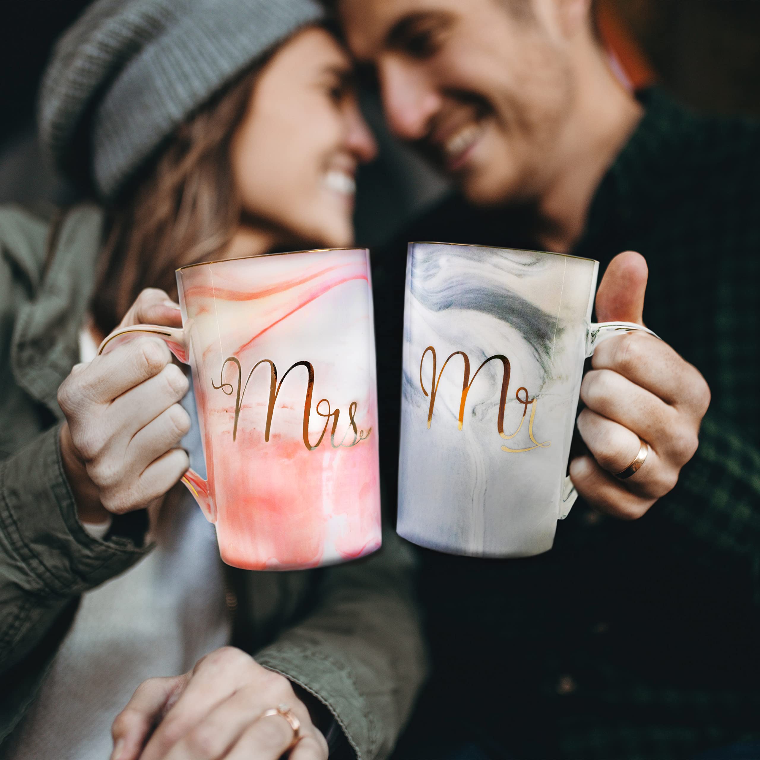 Mr and Mrs Mugs Set - Wedding Gifts for Couple, Engagement Bridal Shower Gift | Unique Anniversary Married Couple Gift - Great Valentine, Christmas Gift - Ceramic Marble Coffee Cups 14oz