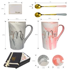 Mr and Mrs Mugs Set - Wedding Gifts for Couple, Engagement Bridal Shower Gift | Unique Anniversary Married Couple Gift - Great Valentine, Christmas Gift - Ceramic Marble Coffee Cups 14oz