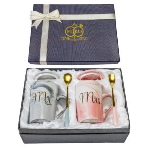 Mr and Mrs Mugs Set - Wedding Gifts for Couple, Engagement Bridal Shower Gift | Unique Anniversary Married Couple Gift - Great Valentine, Christmas Gift - Ceramic Marble Coffee Cups 14oz