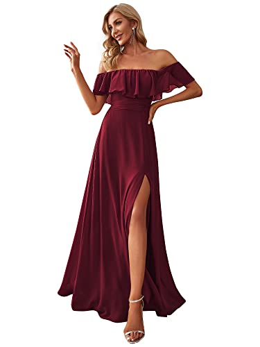 Ever-Pretty Women's Off The Shoulder Bridesmaid Dresses Side Split Beach Maxi Formal Dress Burgundy US16