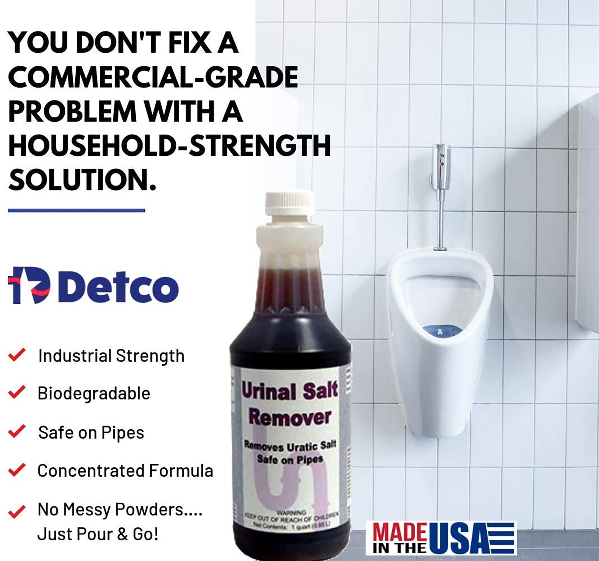 Detco Urinal Salt Remover Concentrate - Safe on Pipes and Plumbing, Odor Control, Cleans Rust, Scale, and Uratic Salt Build-Up, 1 Quart