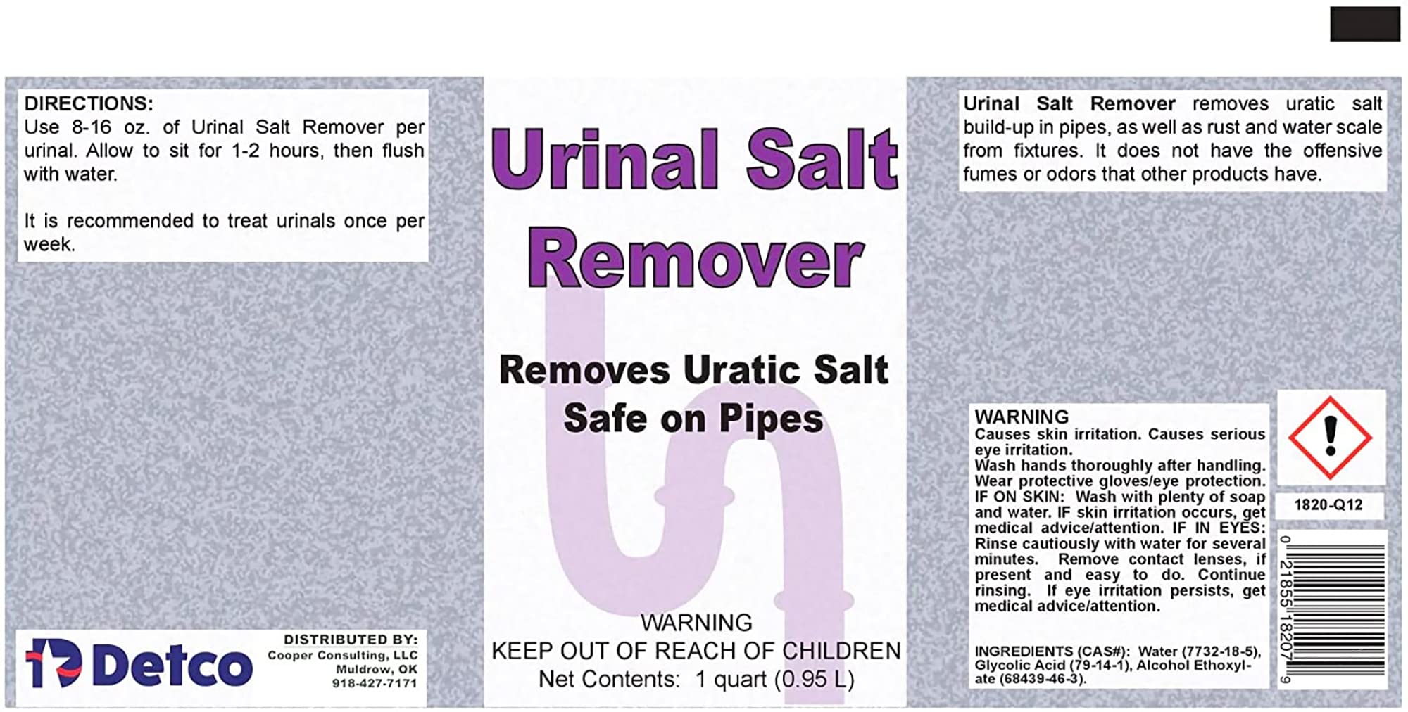 Detco Urinal Salt Remover Concentrate - Safe on Pipes and Plumbing, Odor Control, Cleans Rust, Scale, and Uratic Salt Build-Up, 1 Quart