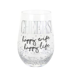 enesco our name is mud cheers wife happy life glittered stemless wine glass, 15 ounce, clear