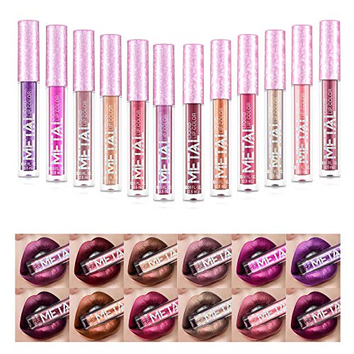 Glitter Shimmer Liquid Lipstick Set 12 Colors Shinning and Long Lasting Waterproof Colourful Lip Gloss Set (12 PCS)