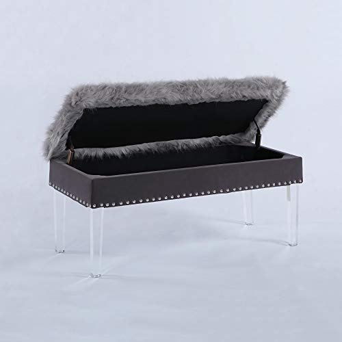 ORE 20" In Gray Horice Faux Fur Top Nailhead Storage Bench W/Acrylic Ghost Legs