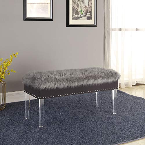 ORE 20" In Gray Horice Faux Fur Top Nailhead Storage Bench W/Acrylic Ghost Legs