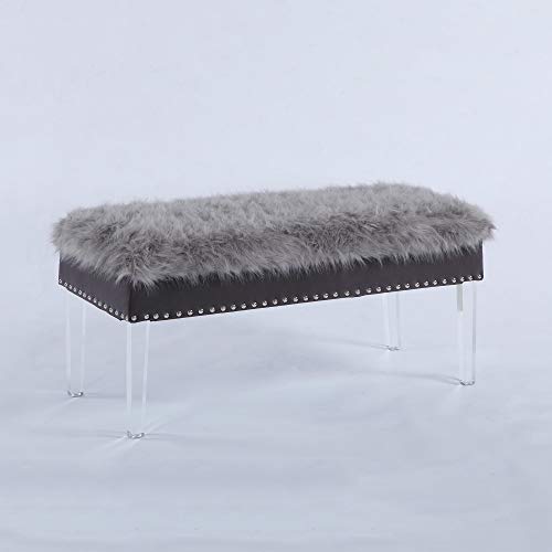 ORE 20" In Gray Horice Faux Fur Top Nailhead Storage Bench W/Acrylic Ghost Legs