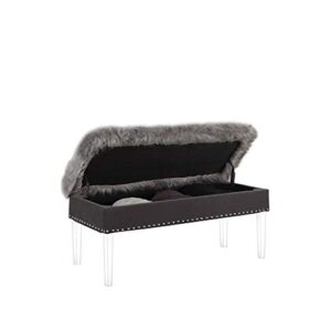 ORE 20" In Gray Horice Faux Fur Top Nailhead Storage Bench W/Acrylic Ghost Legs