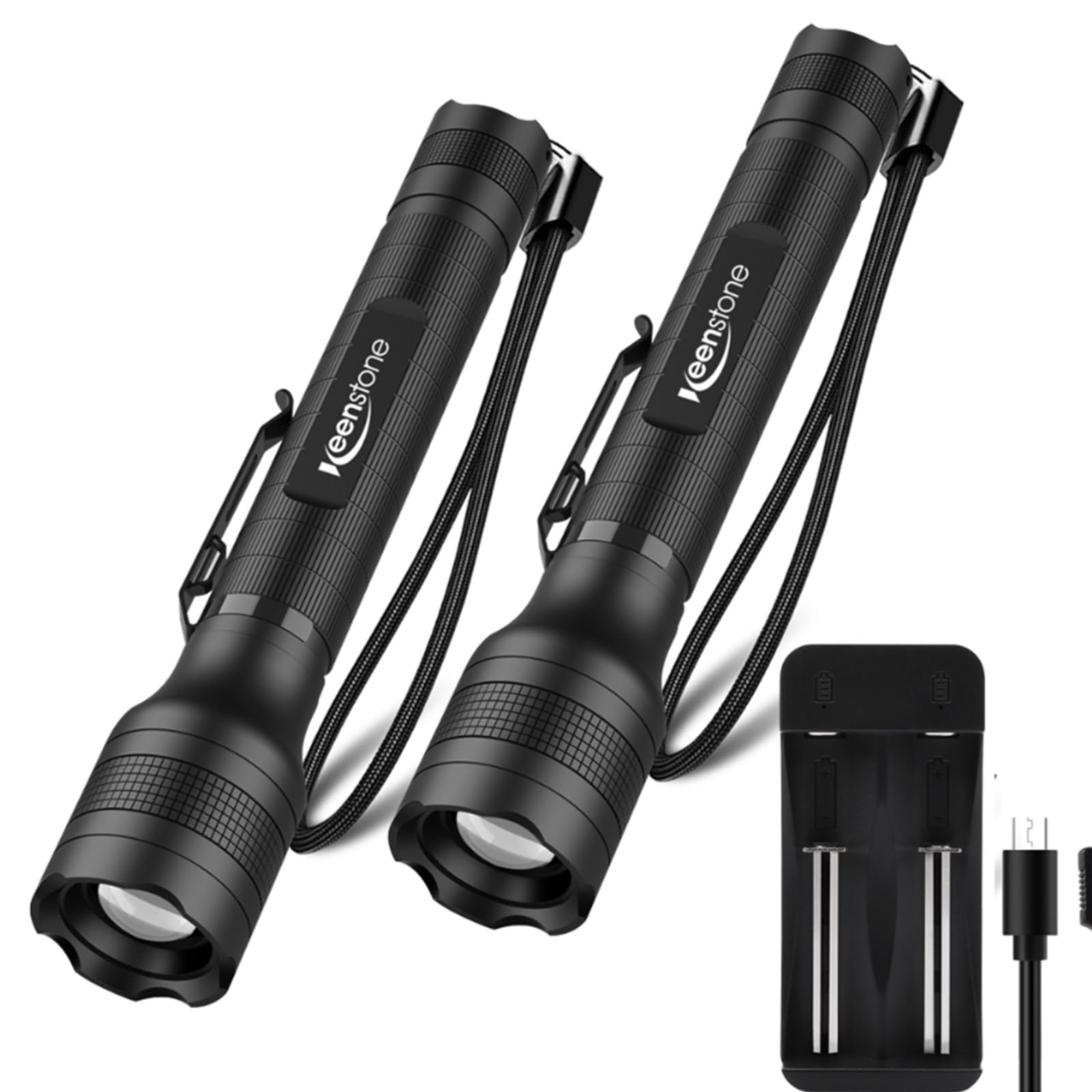 Rechargeable Flashlights, Keenstone LED Flashlights 1500 High Lumens, High Powered Tactical Flashlight for Emergencies, Hiking, 5 Modes, Zoomable, IPX4 Waterproof, 2 Pack