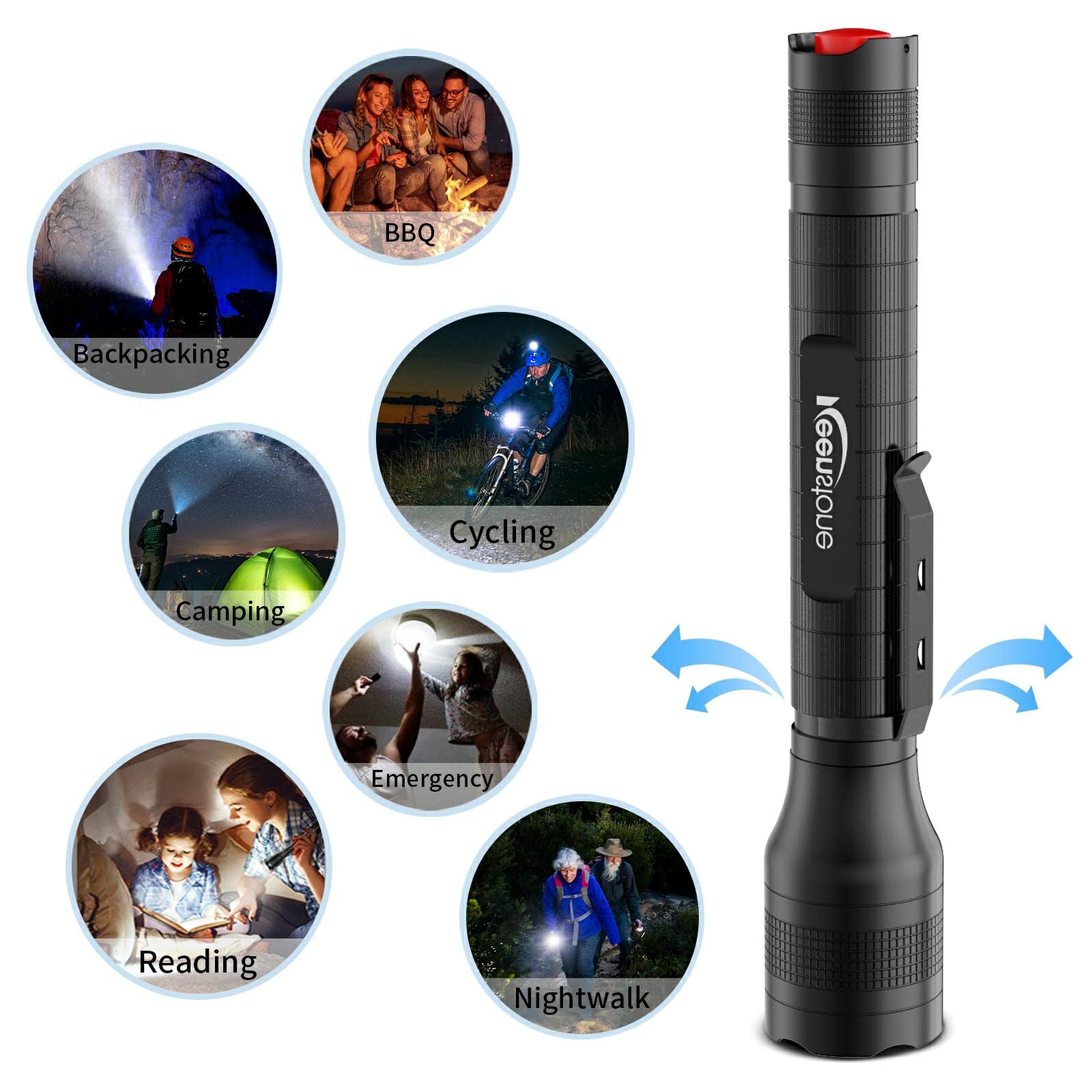 Rechargeable Flashlights, Keenstone LED Flashlights 1500 High Lumens, High Powered Tactical Flashlight for Emergencies, Hiking, 5 Modes, Zoomable, IPX4 Waterproof, 2 Pack