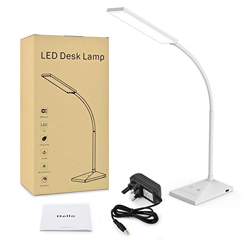 K&ZZ LED Desk Lamp, Dimmable LED Table Lamp, Eye-Caring Study Light with USB Charging Port, Office Light with 5 Lighting Modes 7 Brightness Levels, Touch-Sensitive Reading Light, White