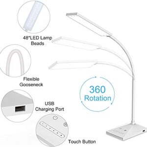 K&ZZ LED Desk Lamp, Dimmable LED Table Lamp, Eye-Caring Study Light with USB Charging Port, Office Light with 5 Lighting Modes 7 Brightness Levels, Touch-Sensitive Reading Light, White