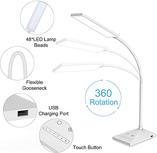 K&ZZ LED Desk Lamp, Dimmable LED Table Lamp, Eye-Caring Study Light with USB Charging Port, Office Light with 5 Lighting Modes 7 Brightness Levels, Touch-Sensitive Reading Light, White