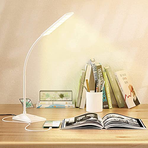 K&ZZ LED Desk Lamp, Dimmable LED Table Lamp, Eye-Caring Study Light with USB Charging Port, Office Light with 5 Lighting Modes 7 Brightness Levels, Touch-Sensitive Reading Light, White