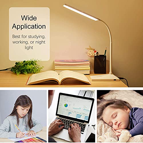 K&ZZ LED Desk Lamp, Dimmable LED Table Lamp, Eye-Caring Study Light with USB Charging Port, Office Light with 5 Lighting Modes 7 Brightness Levels, Touch-Sensitive Reading Light, White