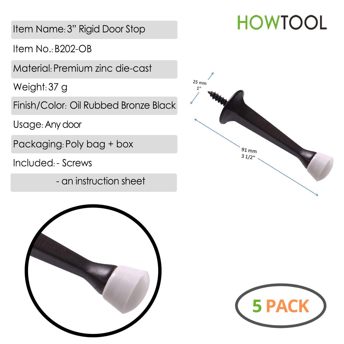 Door Stops 3 Inch Rigid with Rubber Pin Oil Rubbed Bronze Black, 5 Pack | HOWTOOL