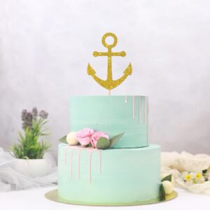 Gold Glitter Ship Anchor Cake Topper - for Baby Shower/Nautical Themed Party/Navy Themed Bon Voyage/Navy Wedding Party Decorations Supplies