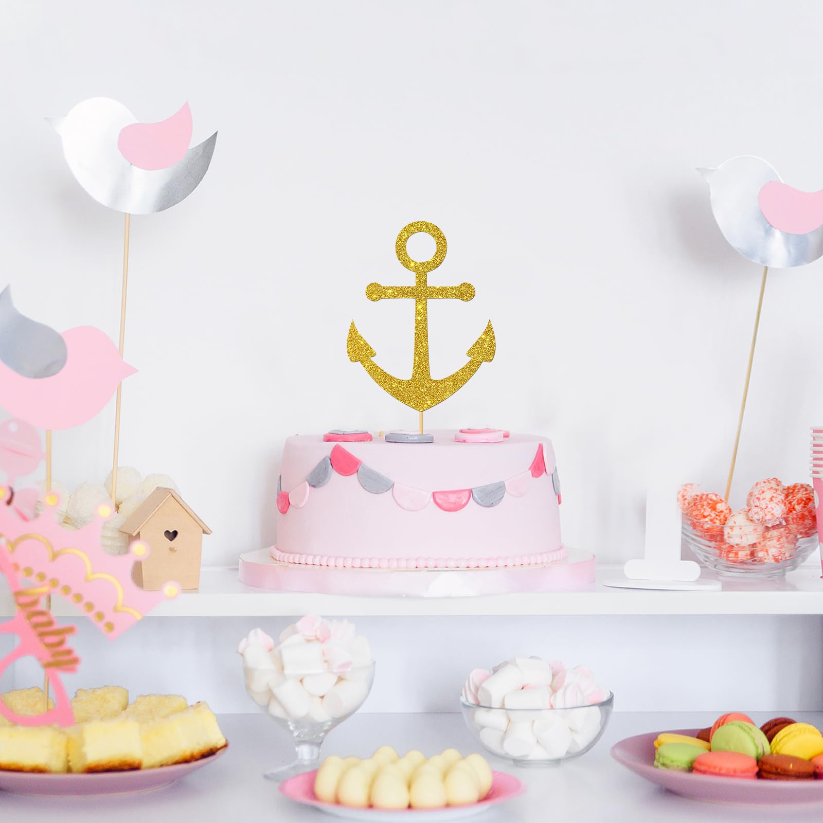 Gold Glitter Ship Anchor Cake Topper - for Baby Shower/Nautical Themed Party/Navy Themed Bon Voyage/Navy Wedding Party Decorations Supplies