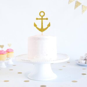 Gold Glitter Ship Anchor Cake Topper - for Baby Shower/Nautical Themed Party/Navy Themed Bon Voyage/Navy Wedding Party Decorations Supplies