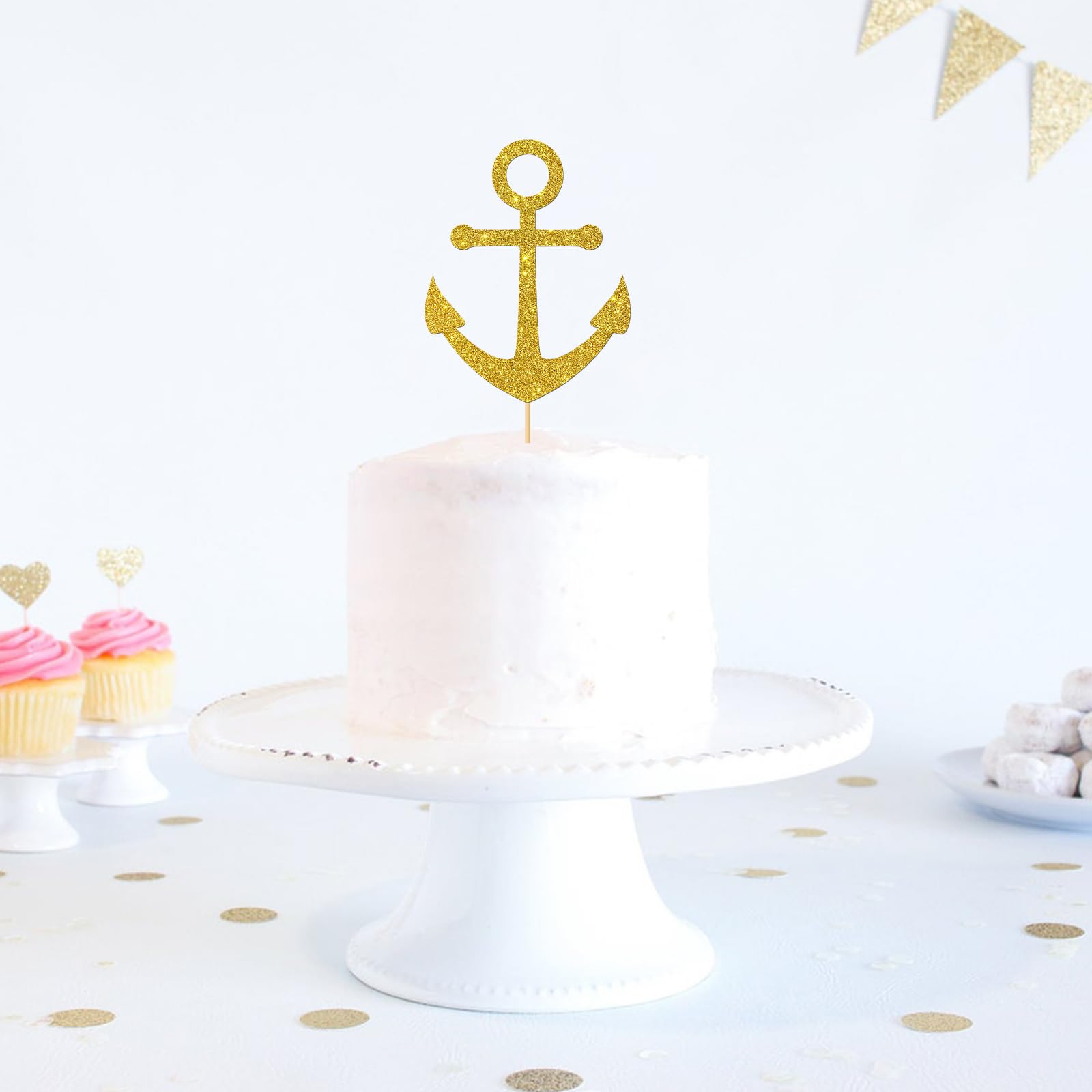 Gold Glitter Ship Anchor Cake Topper - for Baby Shower/Nautical Themed Party/Navy Themed Bon Voyage/Navy Wedding Party Decorations Supplies