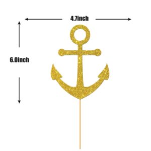 Gold Glitter Ship Anchor Cake Topper - for Baby Shower/Nautical Themed Party/Navy Themed Bon Voyage/Navy Wedding Party Decorations Supplies