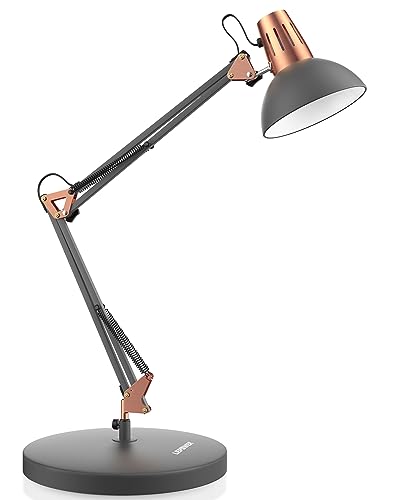 LEPOWER Metal Desk Lamp, Adjustable Goose Neck Architect Table Lamp with On/Off Switch, Swing Arm Desk Lamp with Clamp, Eye-Caring Reading Lamp for Bedroom, Study Room &Office (Sandy Black)