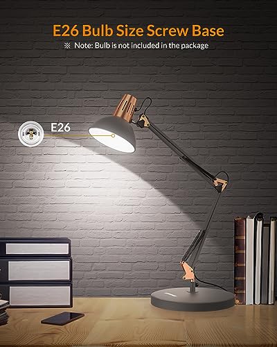 LEPOWER Metal Desk Lamp, Adjustable Goose Neck Architect Table Lamp with On/Off Switch, Swing Arm Desk Lamp with Clamp, Eye-Caring Reading Lamp for Bedroom, Study Room &Office (Sandy Black)