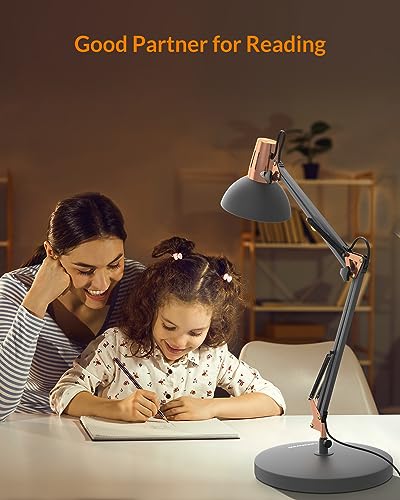 LEPOWER Metal Desk Lamp, Adjustable Goose Neck Architect Table Lamp with On/Off Switch, Swing Arm Desk Lamp with Clamp, Eye-Caring Reading Lamp for Bedroom, Study Room &Office (Sandy Black)