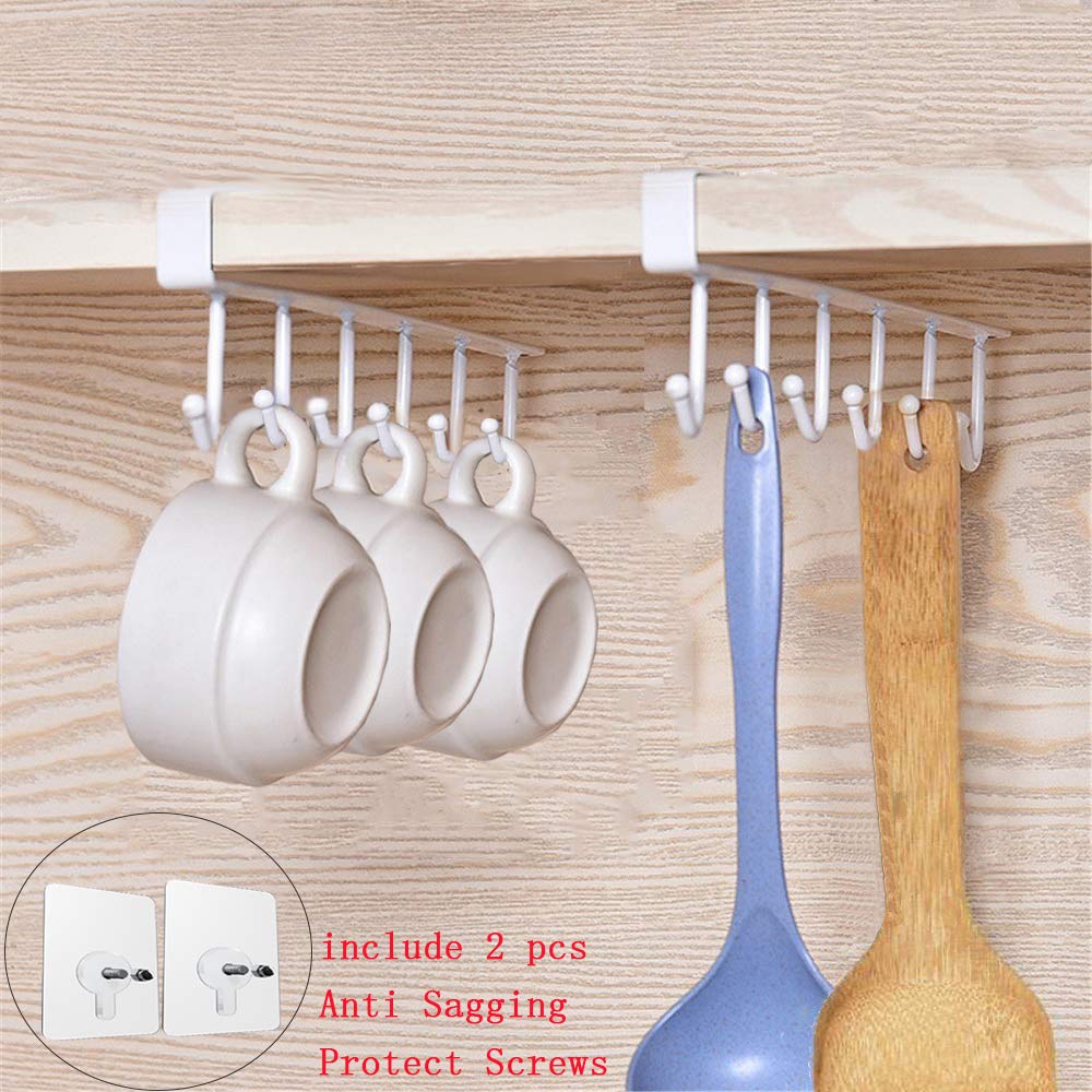 Alliebe 3 Pack Mug Cups Wine Glasses Storage Hooks Kitchen Utensil Ties Belts and Scarf Hanging Hook Rack Holder Under Cabinet Closet Without Drilling (White)