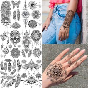 coktak 6 pieces/lot unique black henna temporary tattoo stickers for adults women girls feather mandala flower body art large big arm tattoos sheet lace indian mehndi sexy wedding tatoos owl