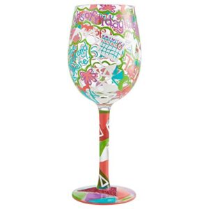 Enesco Designs by Lolita Feel Good Friday Artisan Hand-Painted Wine Glass, 15 Ounce, Multicolor