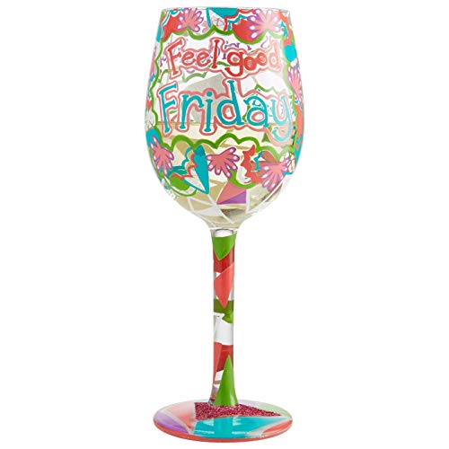 Enesco Designs by Lolita Feel Good Friday Artisan Hand-Painted Wine Glass, 15 Ounce, Multicolor