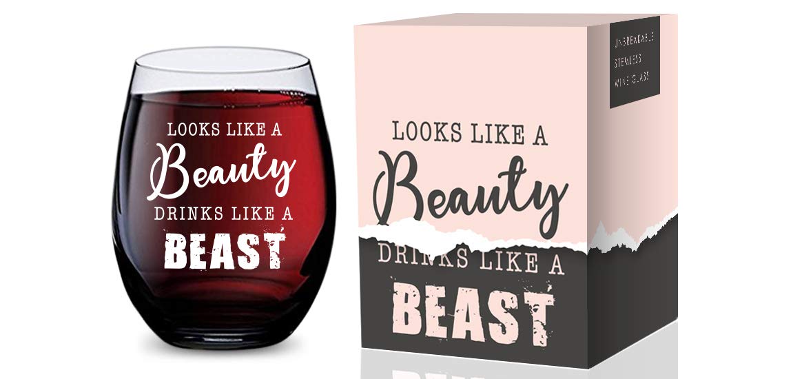 GSM Brands Stemless Wine Glass (Looks Like a Beauty Drinks Like a Beast) Made of Unbreakable Tritan Plastic and Dishwasher Safe - 16 ounces