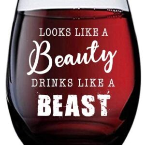 GSM Brands Stemless Wine Glass (Looks Like a Beauty Drinks Like a Beast) Made of Unbreakable Tritan Plastic and Dishwasher Safe - 16 ounces