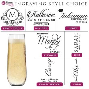 The Wedding Party Store Custom Etched Stemless Champagne Flutes - Personalized Monogrammed Bridesmaid Wedding Glasses