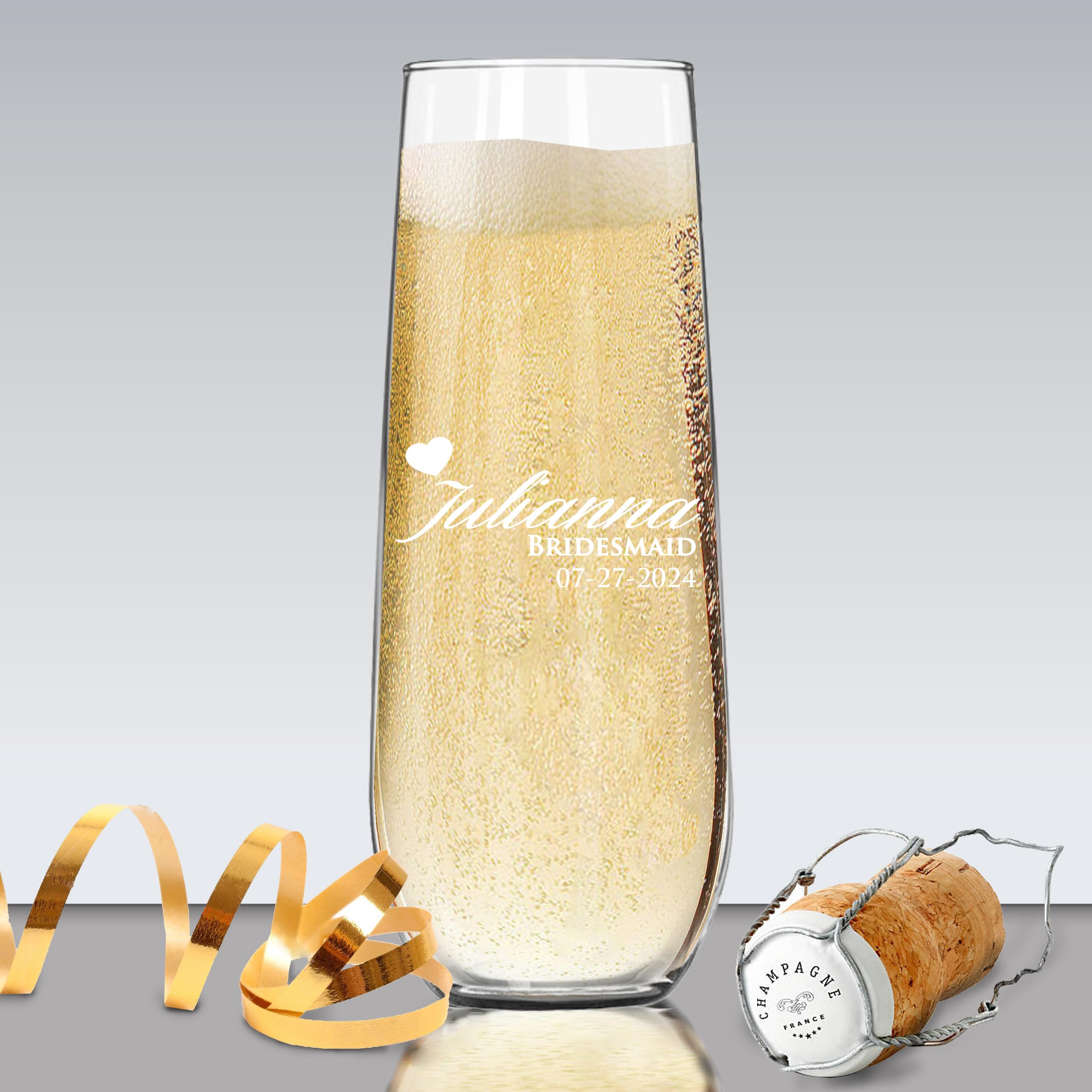 The Wedding Party Store Custom Etched Stemless Champagne Flutes - Personalized Monogrammed Bridesmaid Wedding Glasses