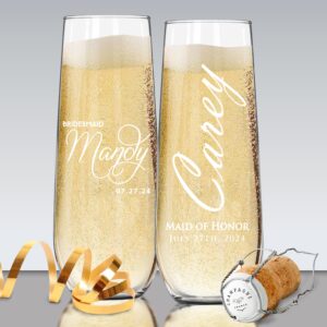 The Wedding Party Store Custom Etched Stemless Champagne Flutes - Personalized Monogrammed Bridesmaid Wedding Glasses