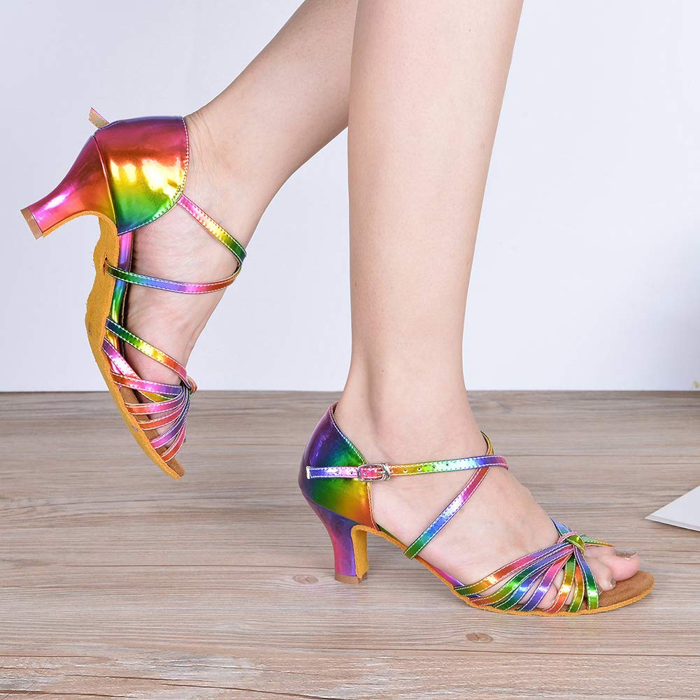 HIPPOSEUS Latin Dance Shoes for women Salsa Performance Dancing Shoes High Heel,Rainbow,Model U-YCD4, 9 B(M) US