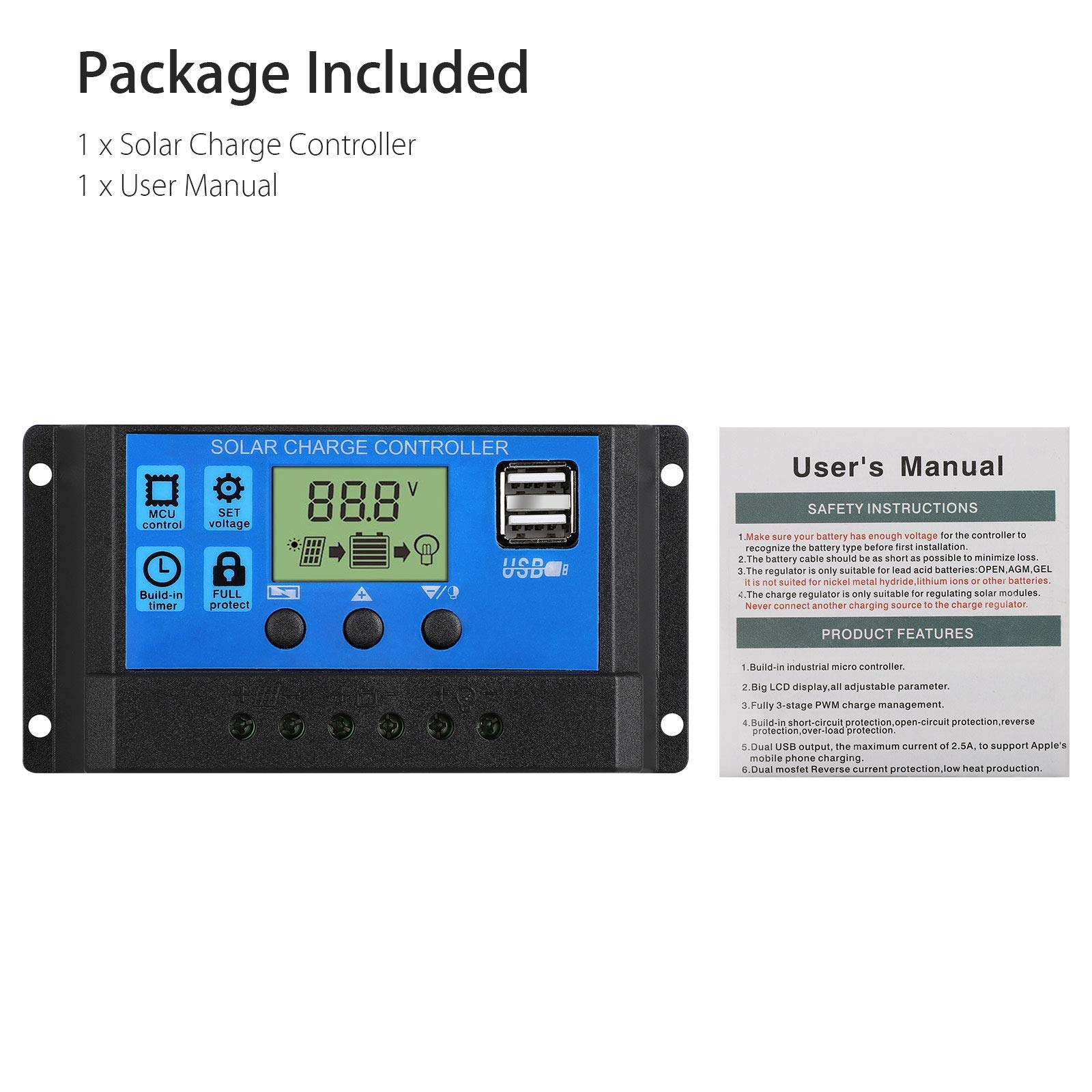 EEEkit 30A Solar Charge Controller, Solar Panel Charger Controller 12V/24V, Multi-Function Adjustable LCD Display with Dual USB Port Timer Setting PWM Auto Parameter