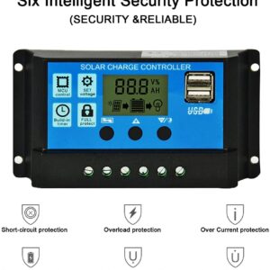 EEEkit 30A Solar Charge Controller, Solar Panel Charger Controller 12V/24V, Multi-Function Adjustable LCD Display with Dual USB Port Timer Setting PWM Auto Parameter