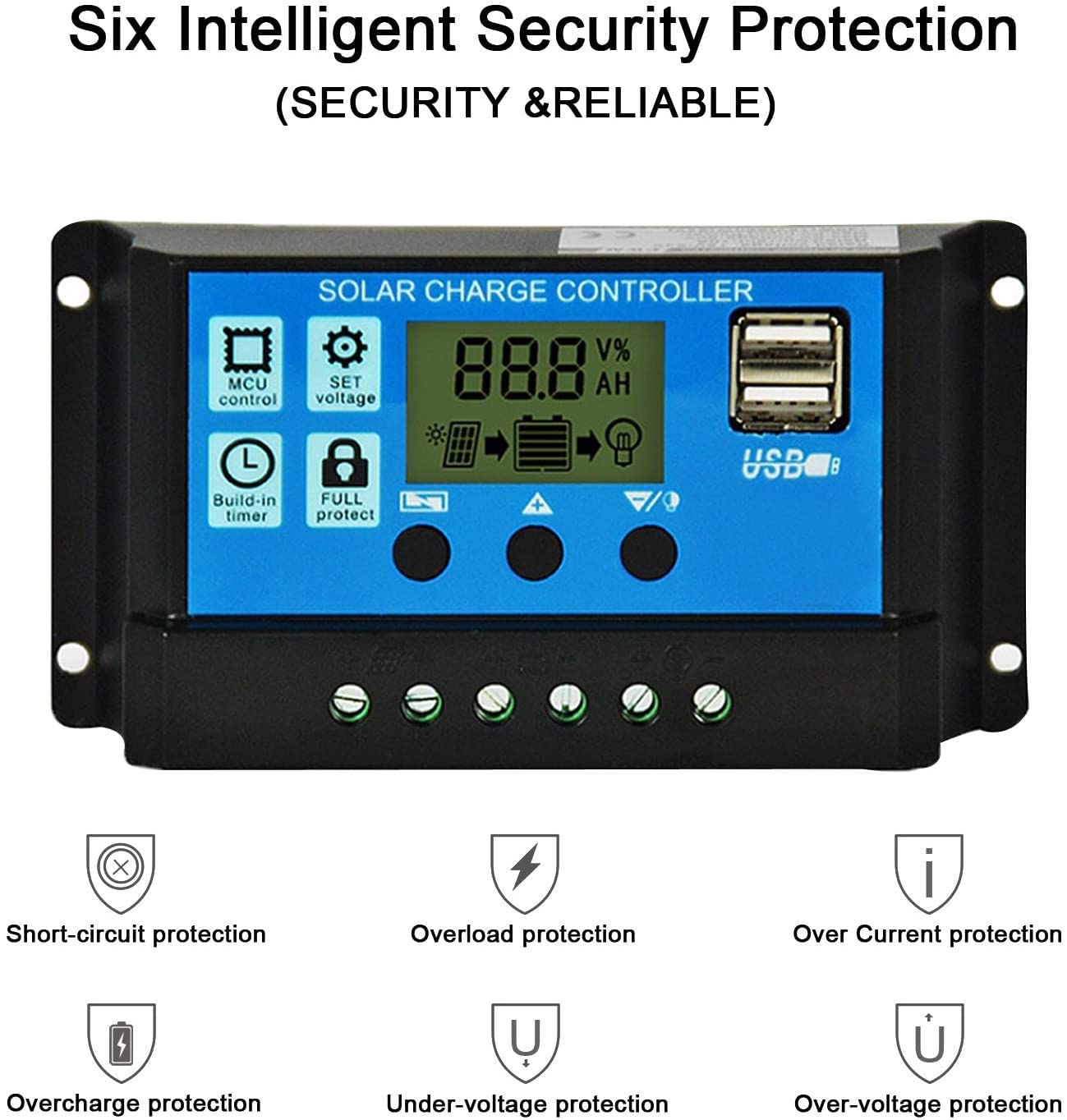 EEEkit 30A Solar Charge Controller, Solar Panel Charger Controller 12V/24V, Multi-Function Adjustable LCD Display with Dual USB Port Timer Setting PWM Auto Parameter